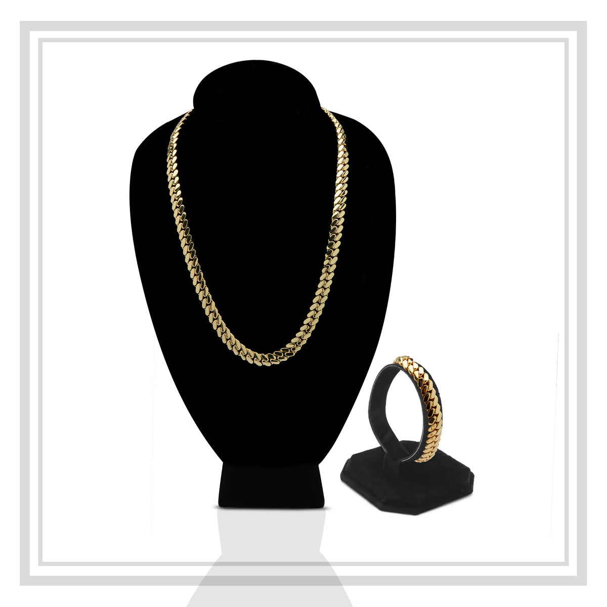 Miami Cuban Link Chain Set Necklace and Bracelet 14K Gold Premium Plat ...