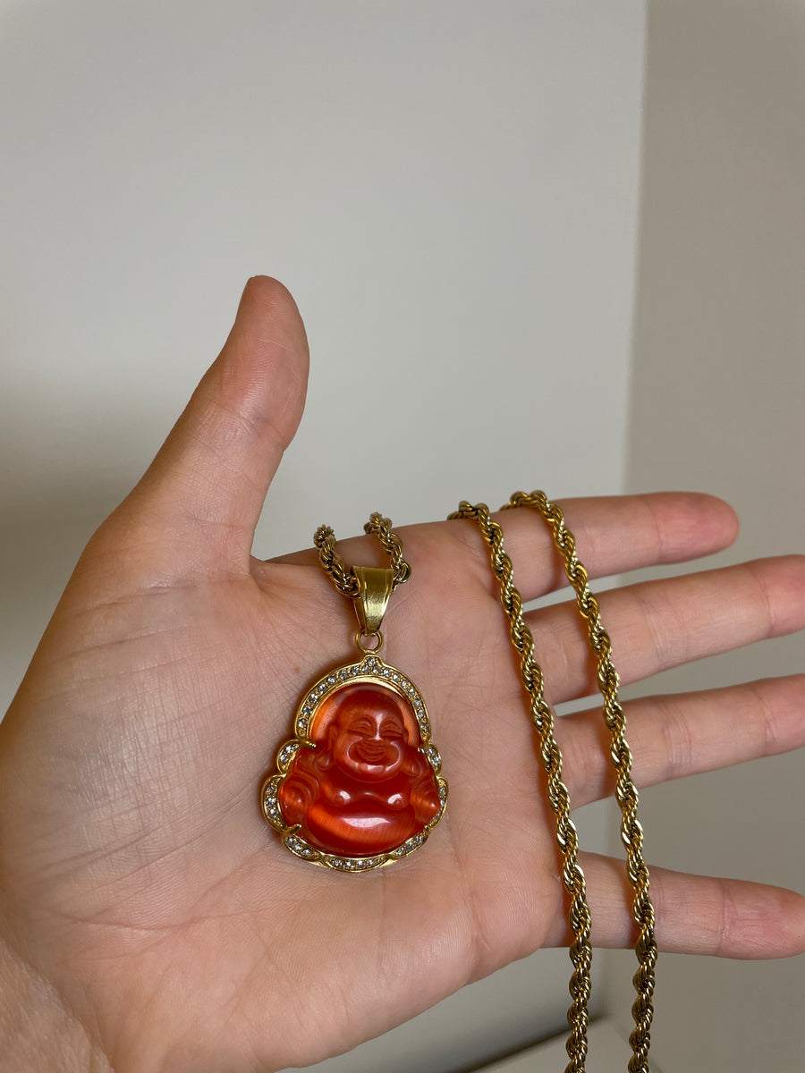 Red Buddha Pendant with 14K Gold Plated Rope Necklace 4mm 24" Chain Se ...